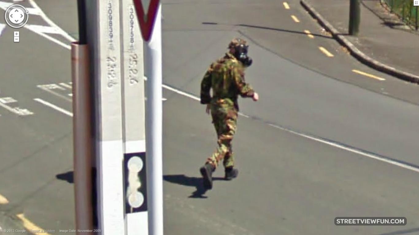Army guy running around in gas mask in Auckland, New Zealand ...