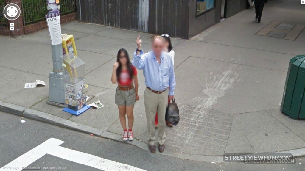 Man giving google the finger in front of family - STREETVIEWFUN