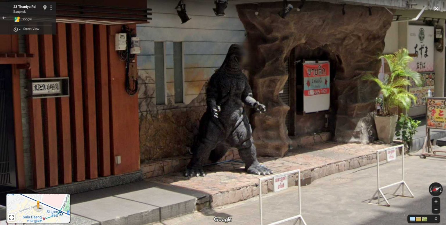Godzilla protecting sushi restaurant - STREETVIEWFUN