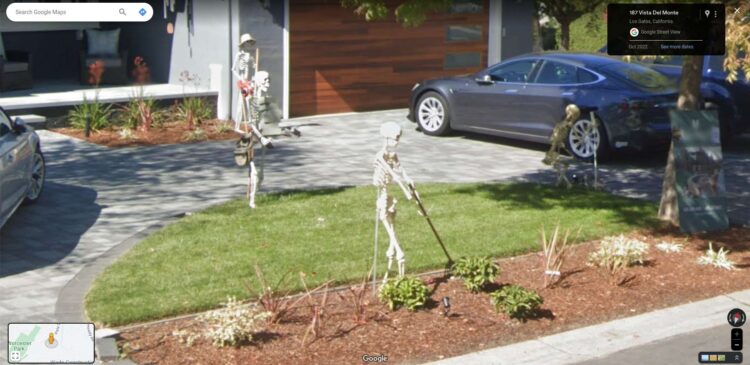 Skeleton doing yardwork - STREETVIEWFUN
