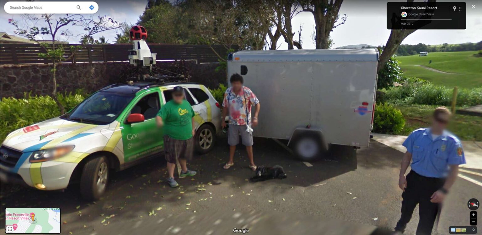 Google guy with three legs, tourist with his dog looking at the Google car, a security guard ...