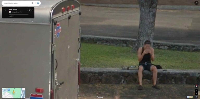 Google trike and trailer parked and Google guy eating snack - STREETVIEWFUN