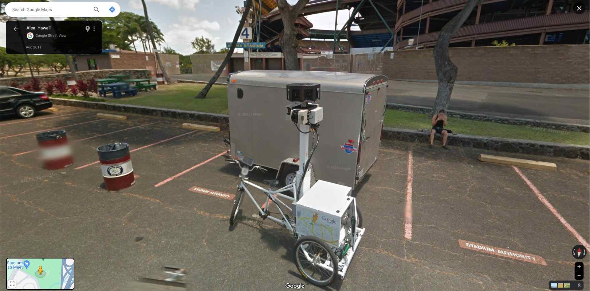 Google trike and trailer parked and Google guy eating snack - STREETVIEWFUN