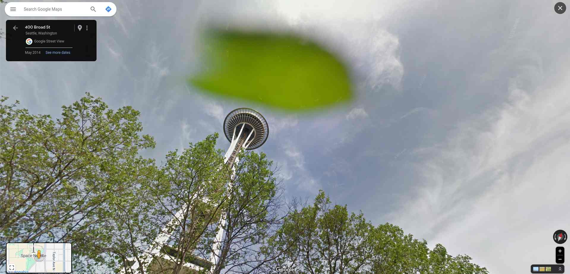 Leaf on street view car near space needle - STREETVIEWFUN